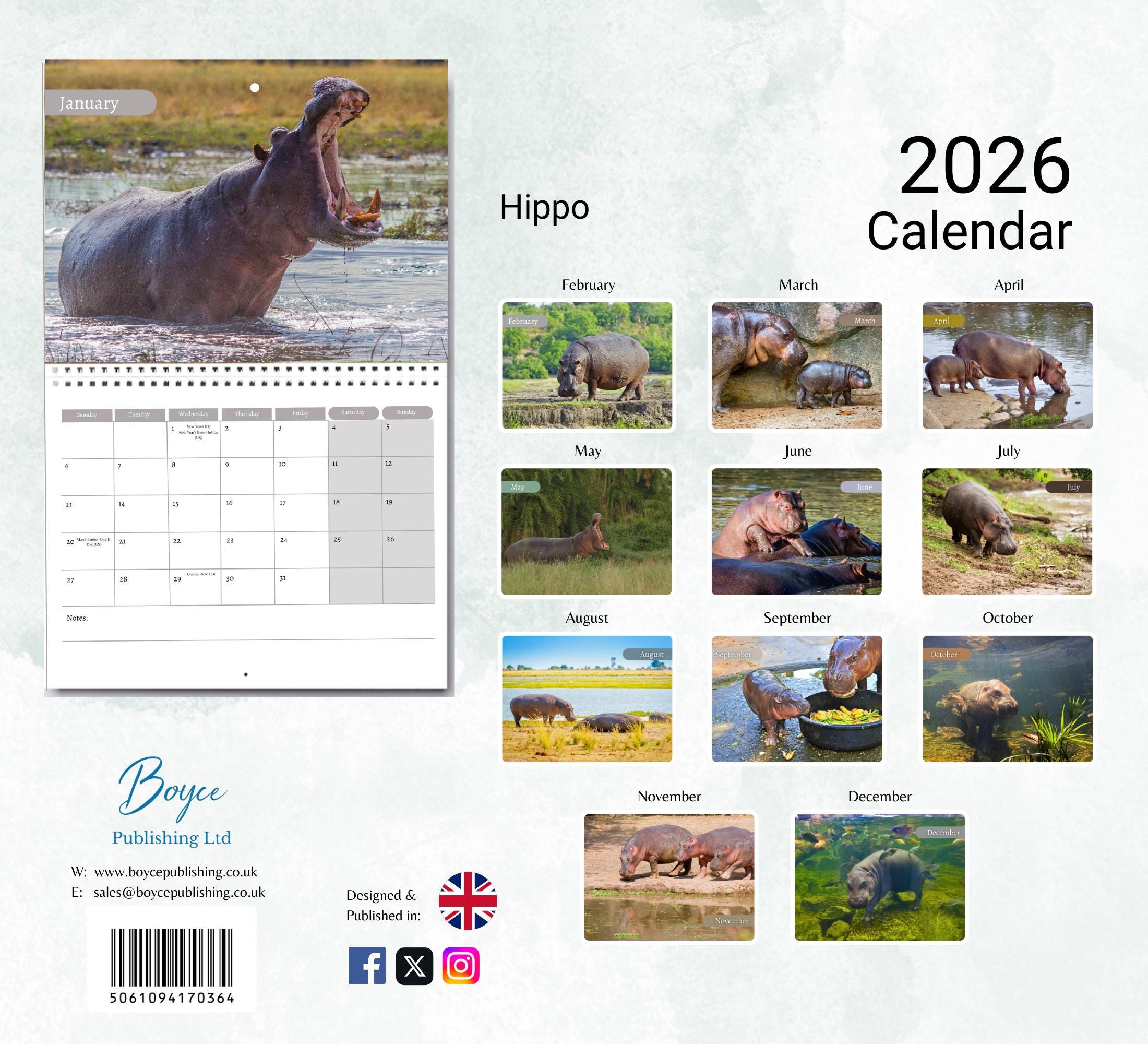 Hippo Calendar 2026: Monthly Wall Calendar With Notes, Opens to A3 Size ...