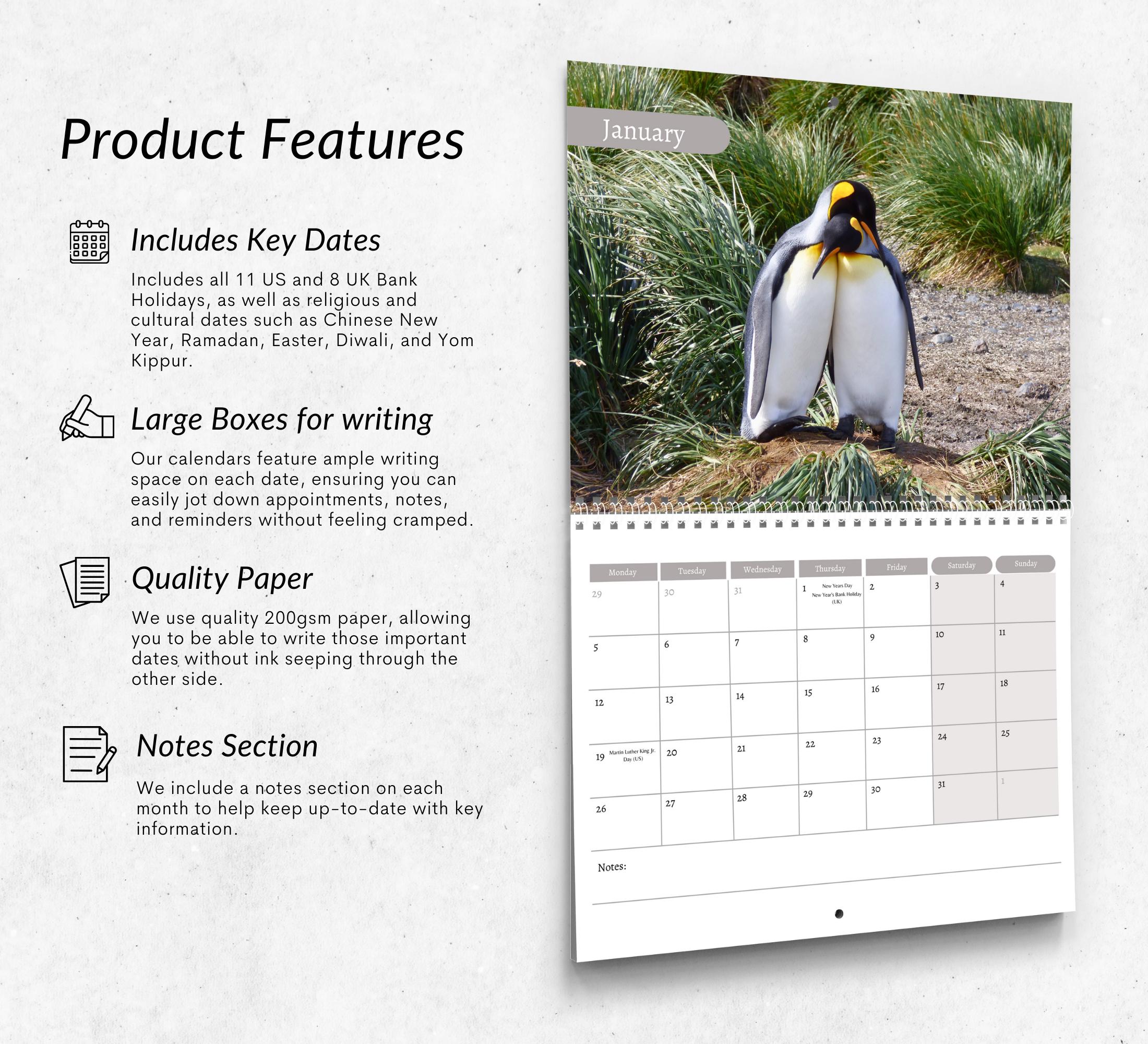 Penguin Calendar 2026: Monthly Wall Calendar With Notes, Opens to A3 ...