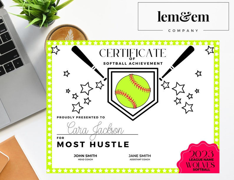 SOFTBALL CERTIFICATE Softball Awards Girls Softball Softball Print ...
