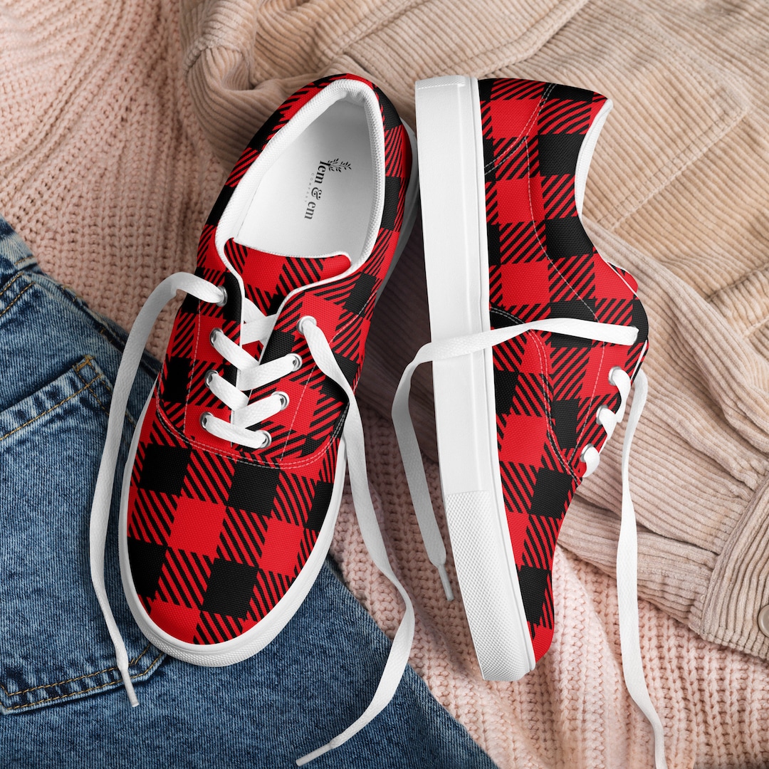 Black & Red Canvas Shoes, Shoes for Women, Plaid Canvas Shoes, Trending ...