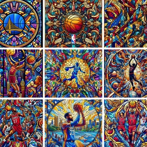 Stained Glass Digital Paper NBA Themed Bundle, Printable Textures ...