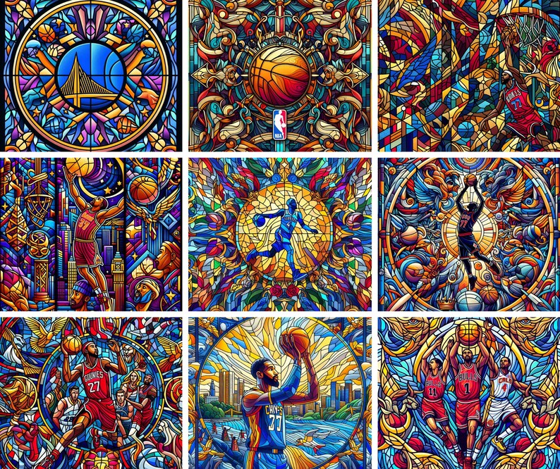 Stained Glass Digital Paper NBA Themed Bundle, Printable Textures ...