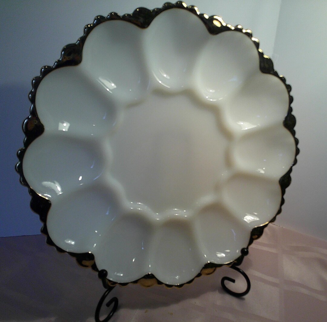 Vintage Anchor Hocking Milk Glass Gold Trim Deviled Egg Dish 12 Egg Plus Center - Etsy