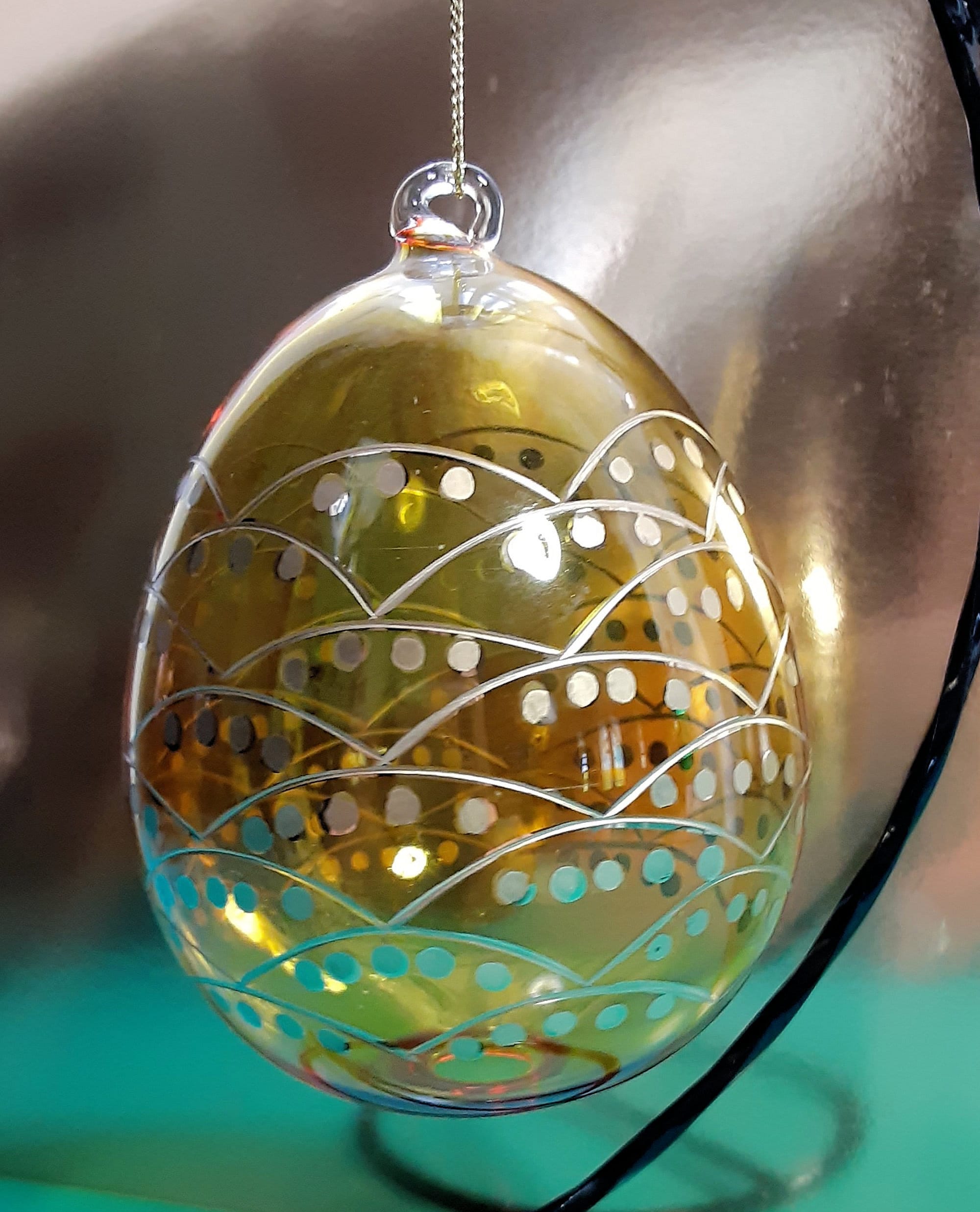 Four Hand Blown Glass Egg Ornaments, Red, Green Blue, Yellow, Display ...