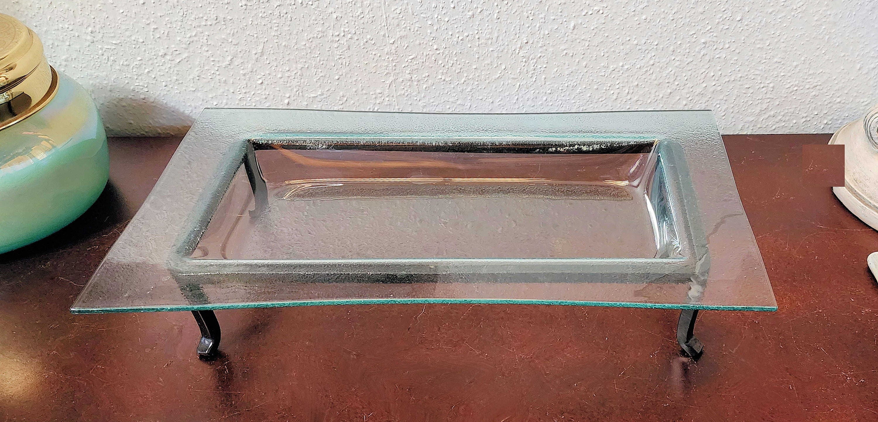 Vintage Rectangular Glass Tray With Metal Stand, 2 Pieces - Etsy