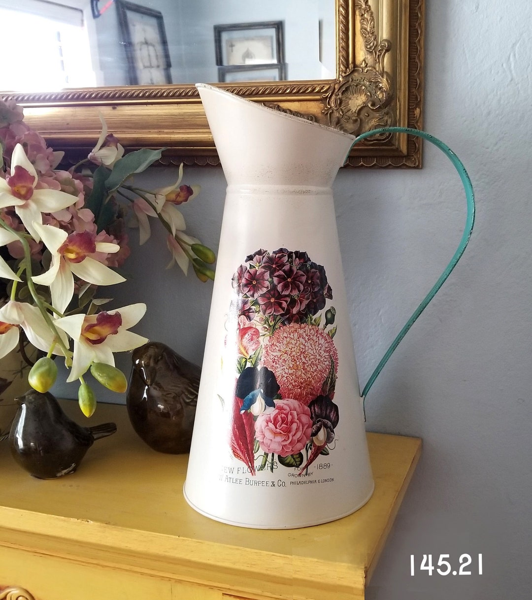 Vintage, White, Floral, Watering Can, W Atlee Burpee & Co, Vase ...