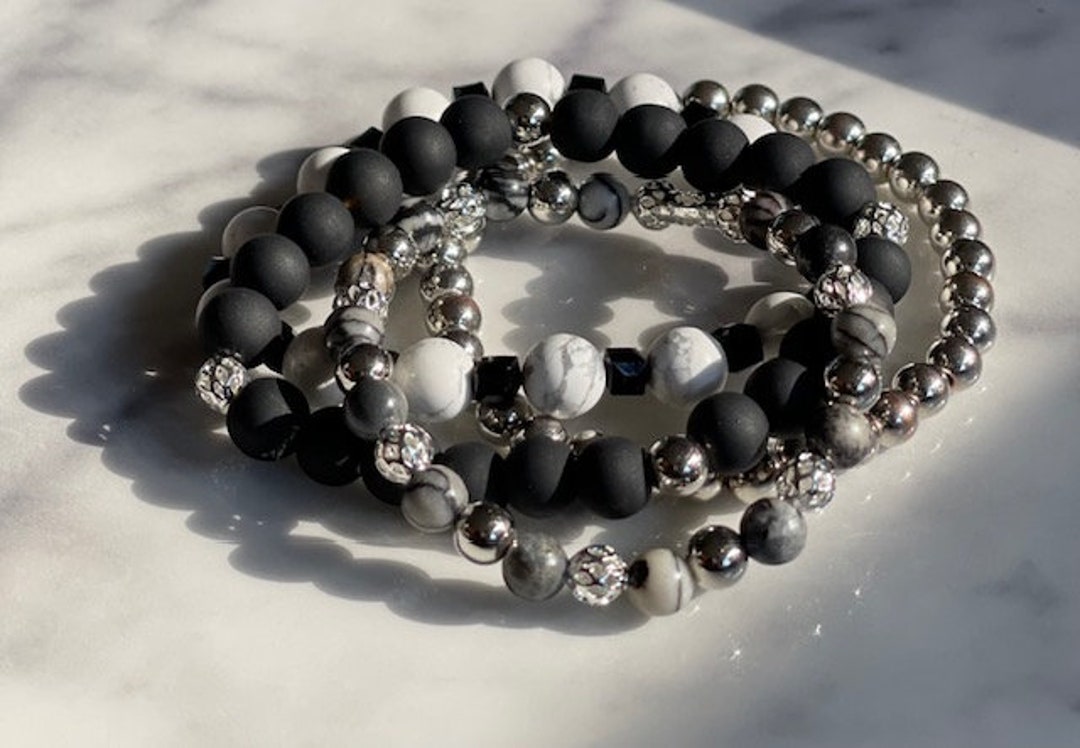 Beaded Stacked 4 Strand Bracelet Set. Calming, Healing, White Howlite ...