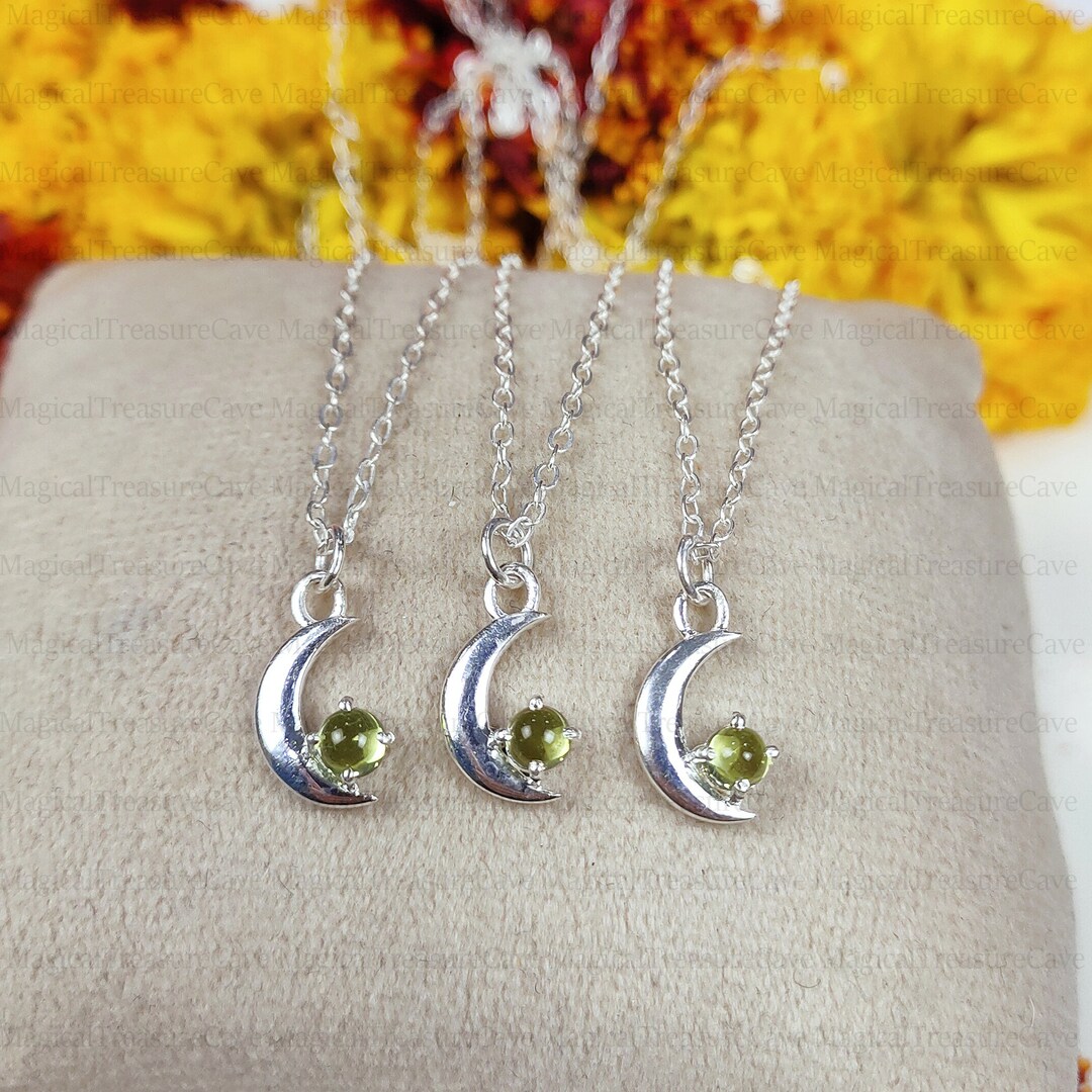 Peridot Crescent Moon Necklace, August Birthstone, 925 Sterling Silver Boho Celestial Gemstone ...