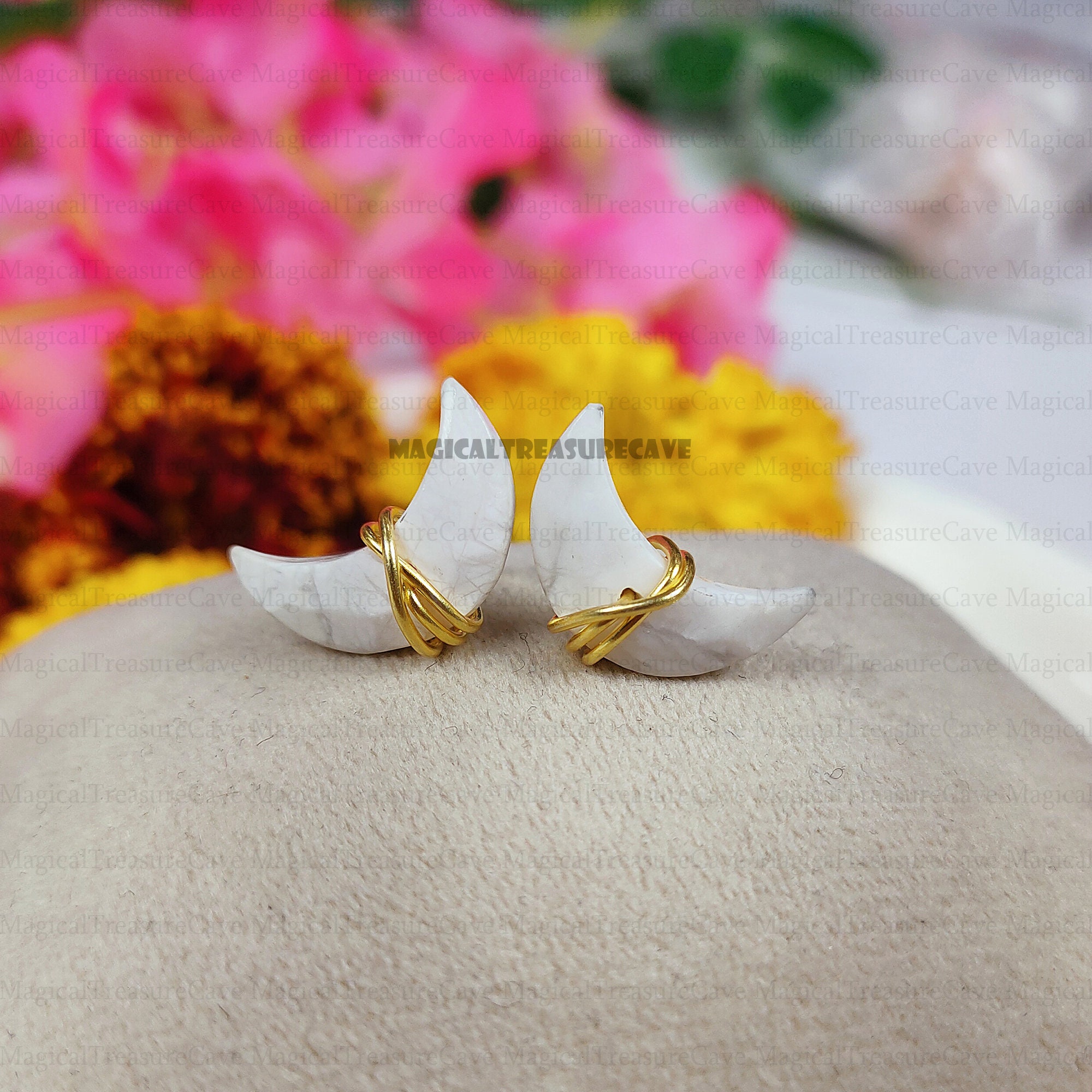 Howlite Gemstone Earring, Crescent Stud Earrings, Half Moon Earring ...