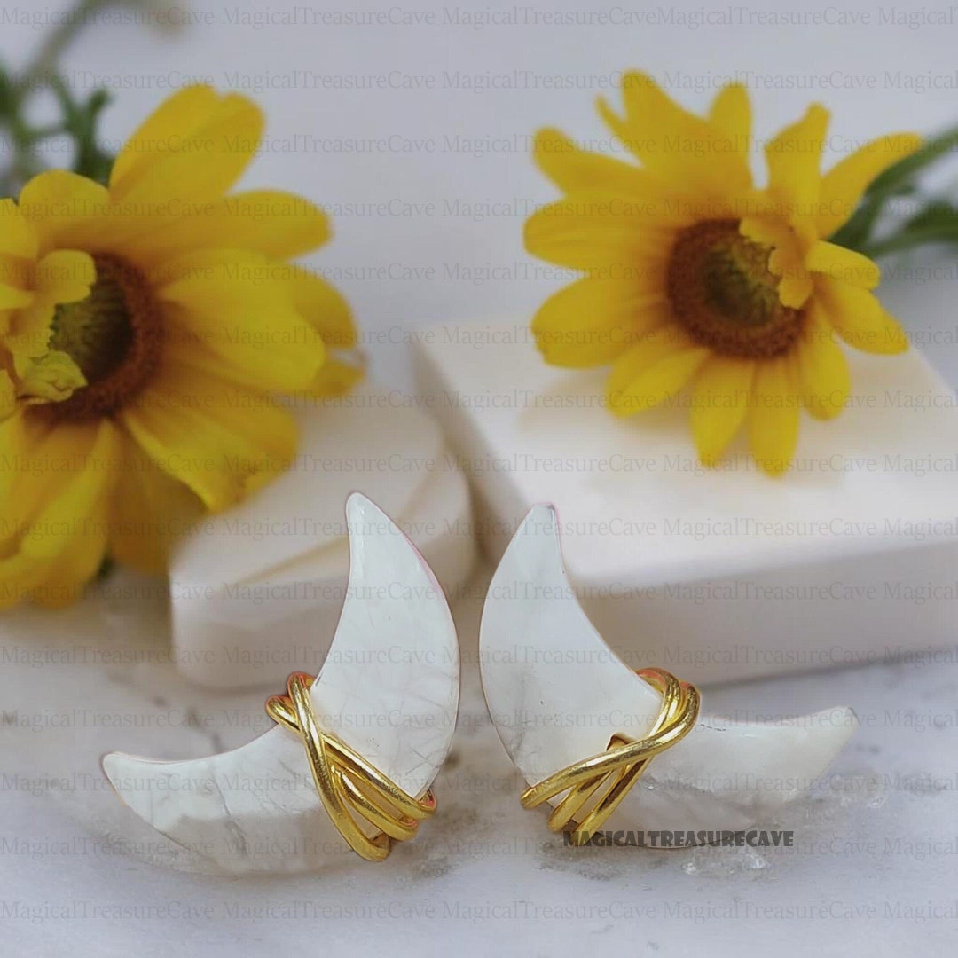 Howlite Gemstone Earring, Crescent Stud Earrings, Half Moon Earring ...