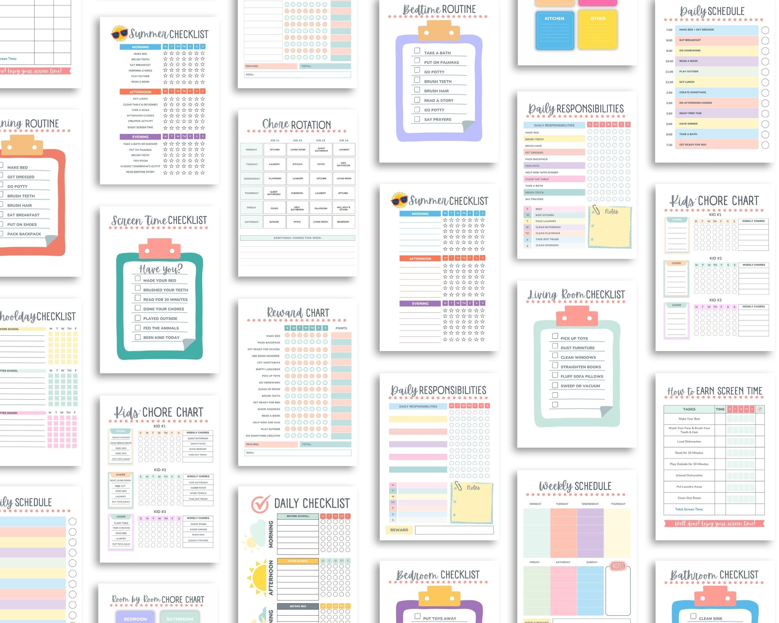 Editable Kids Chore Charts, Reward,, Screen Time, School Routine ...