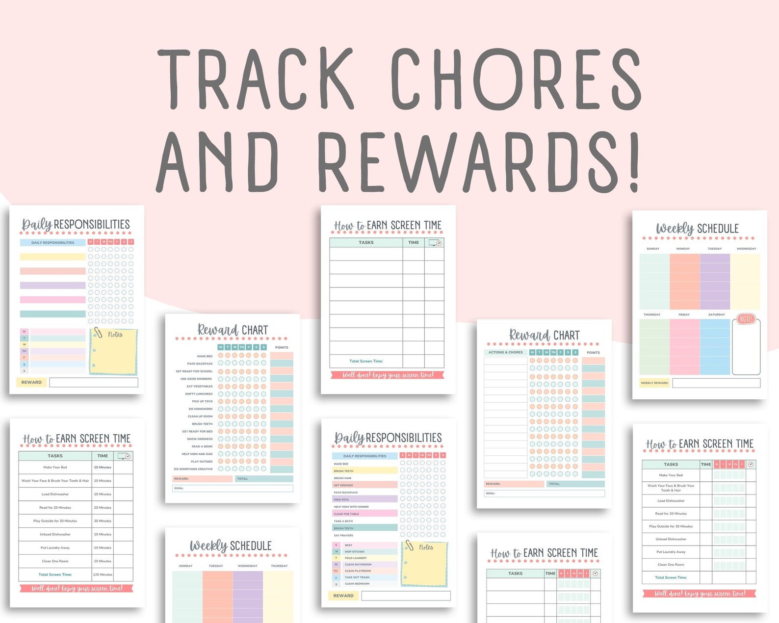 Editable Kids Chore Charts, Reward,, Screen Time, School Routine ...