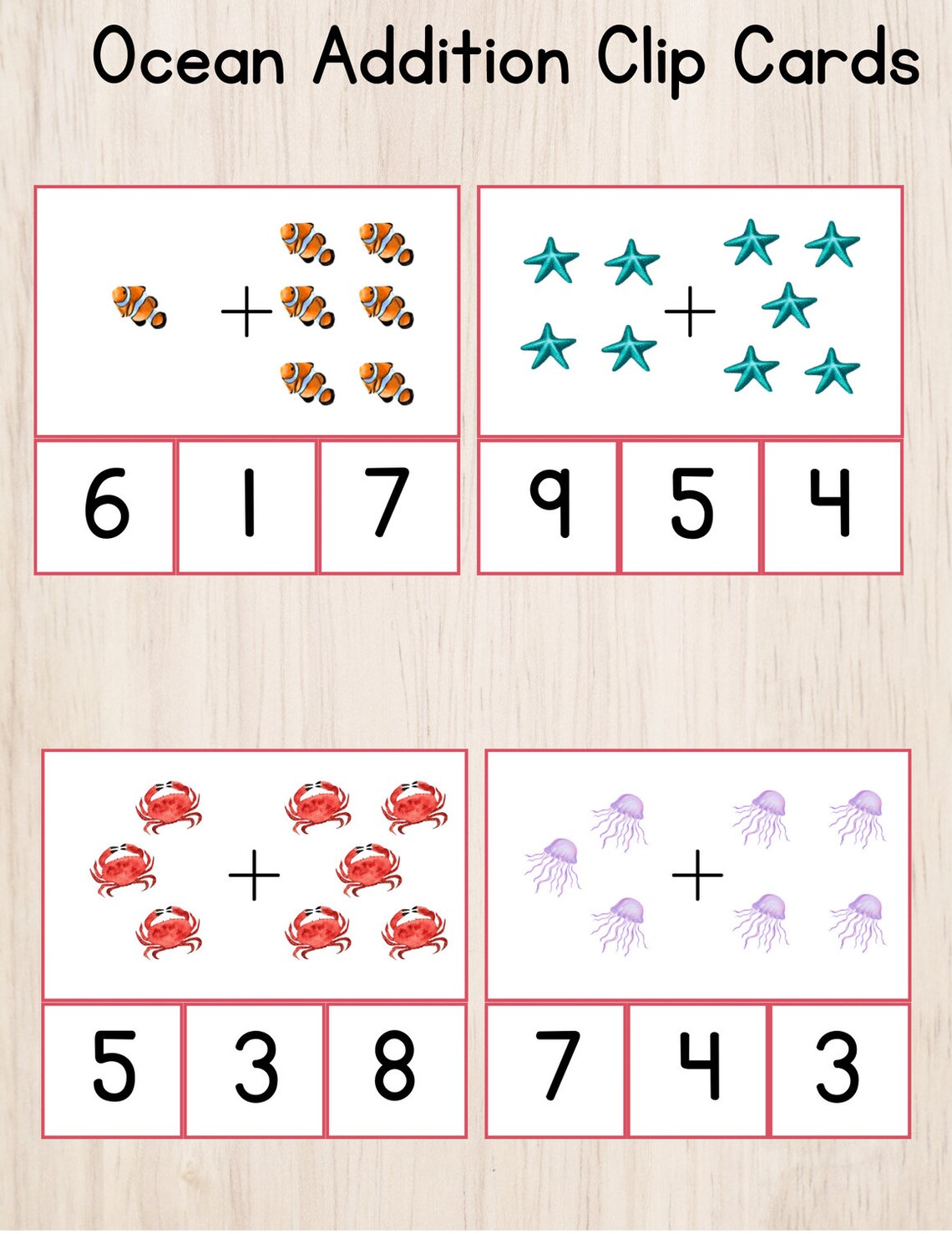 Printable Clip Cards for Addition - Ocean Theme. Montessori Style ...