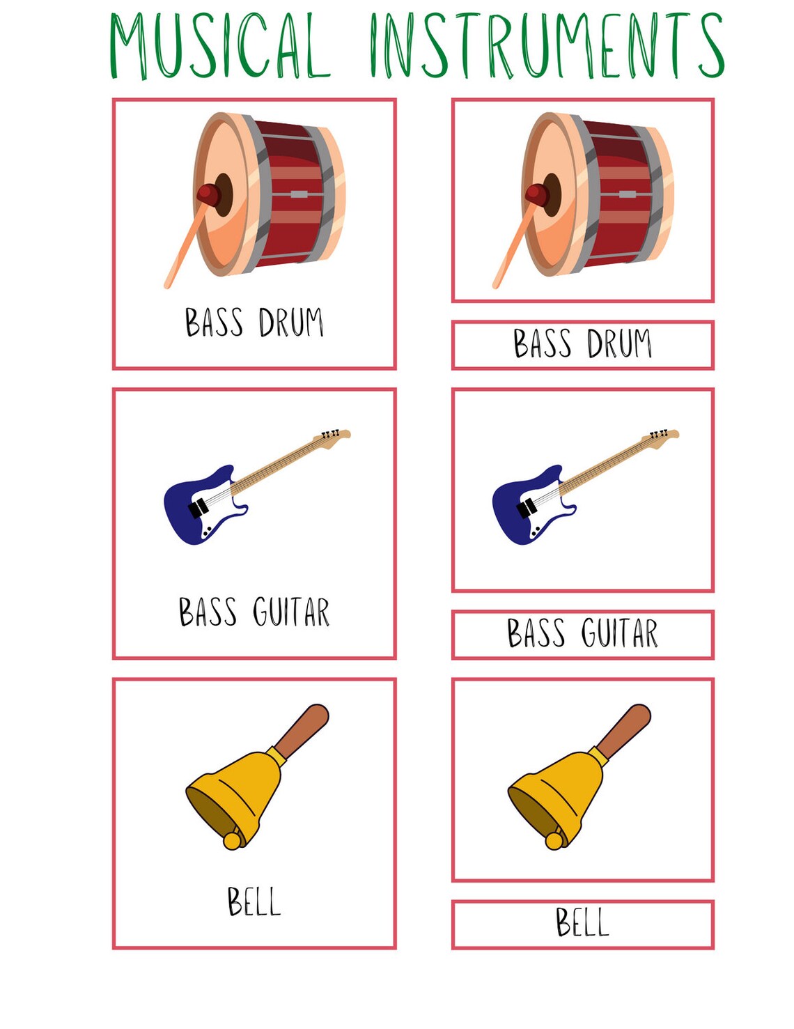 Printable Musical Instruments 3-part Cards, Matching and Reading ...