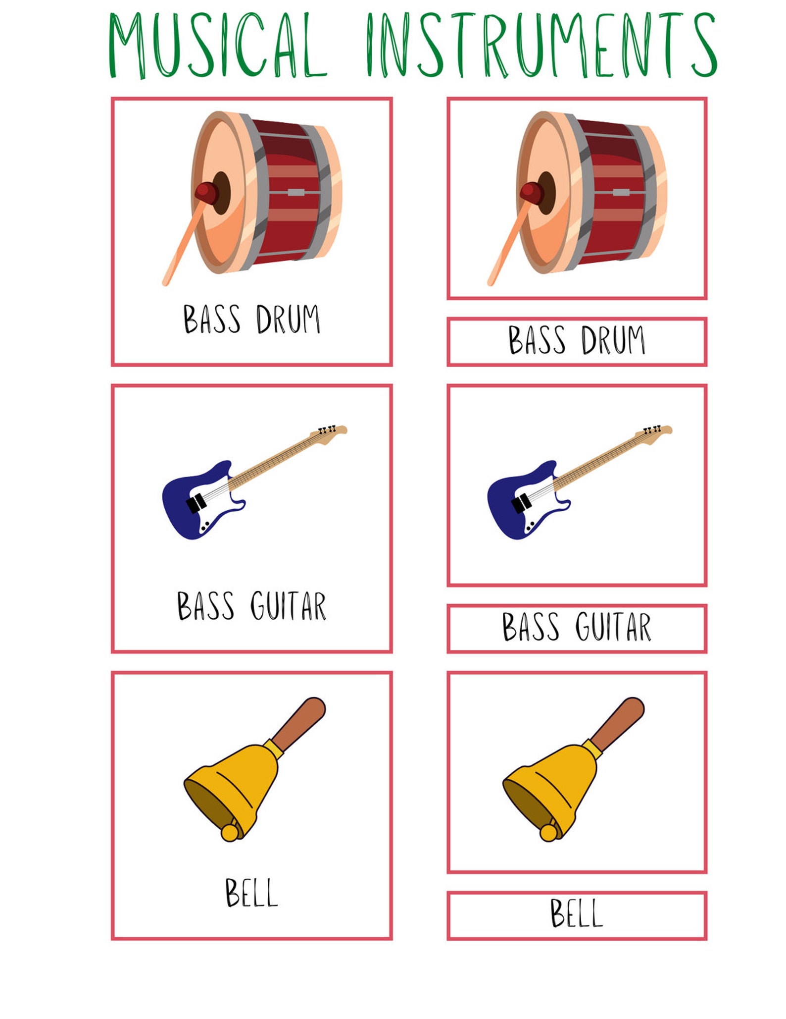 Printable Musical Instruments 3-part Cards, Matching and Reading ...