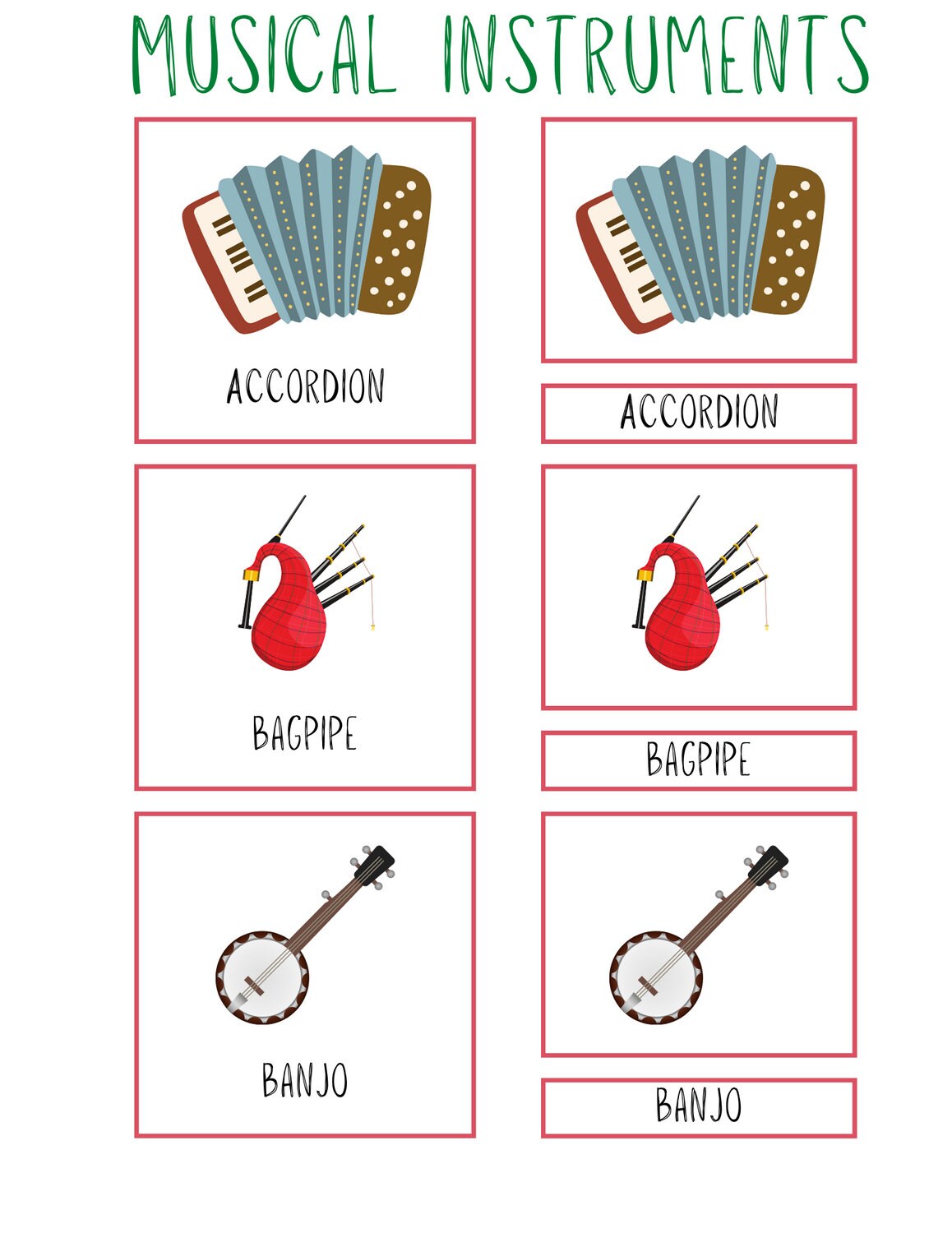 Printable Musical Instruments 3-part Cards, Matching and Reading ...