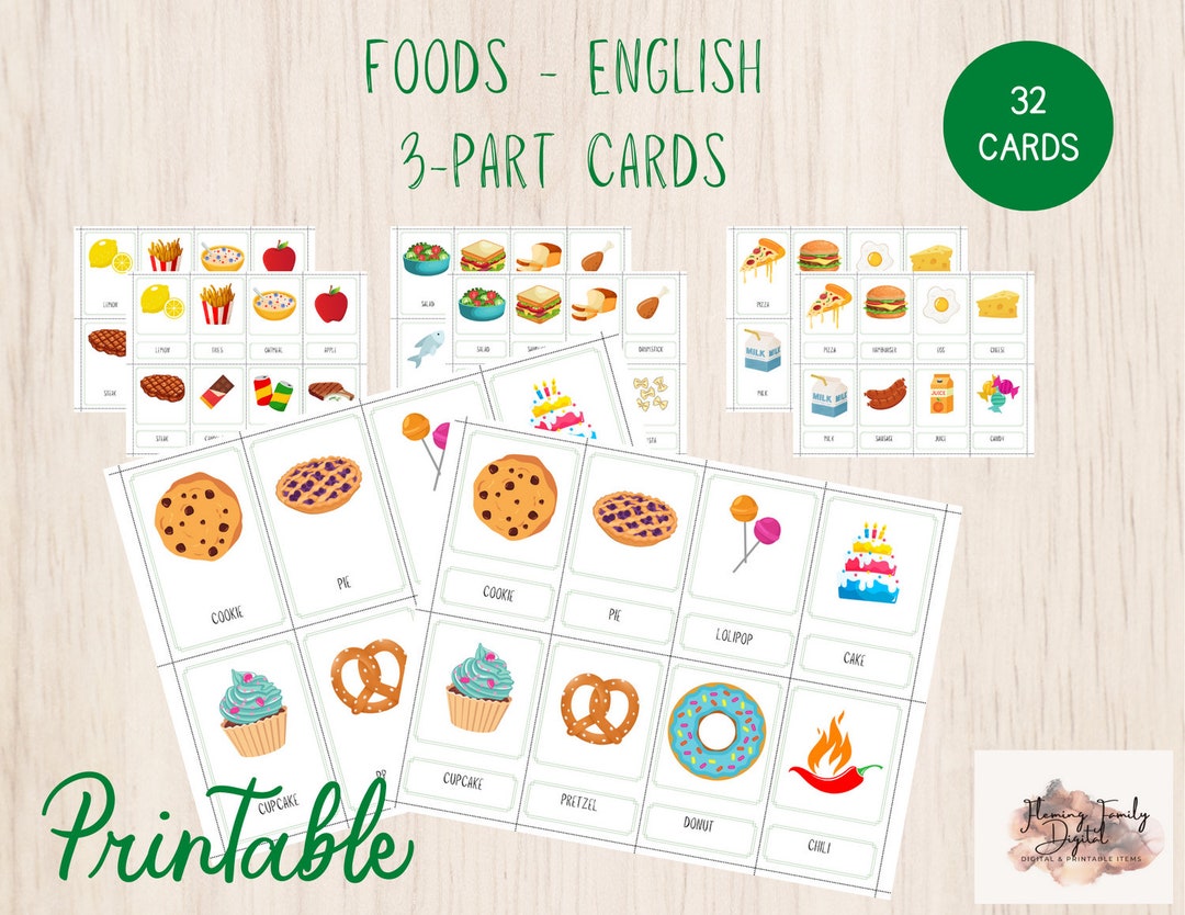 Printable Foods English 3-part Cards, Nomenclature, Montessori Style ...