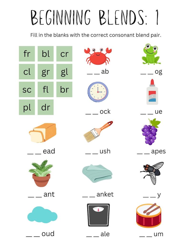 Printable Workbook, First Grade Words, Crossword, Blends, Sounds ...