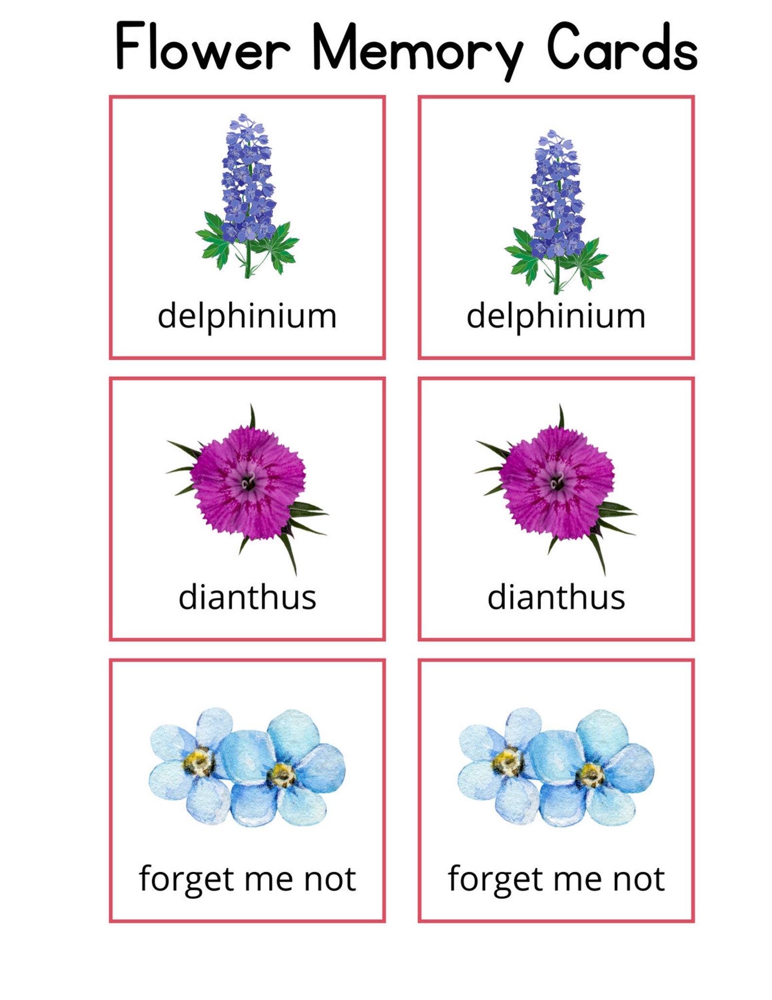 Memory Game Flashcards Flowers, Montessori Printable, Forest Schooling ...