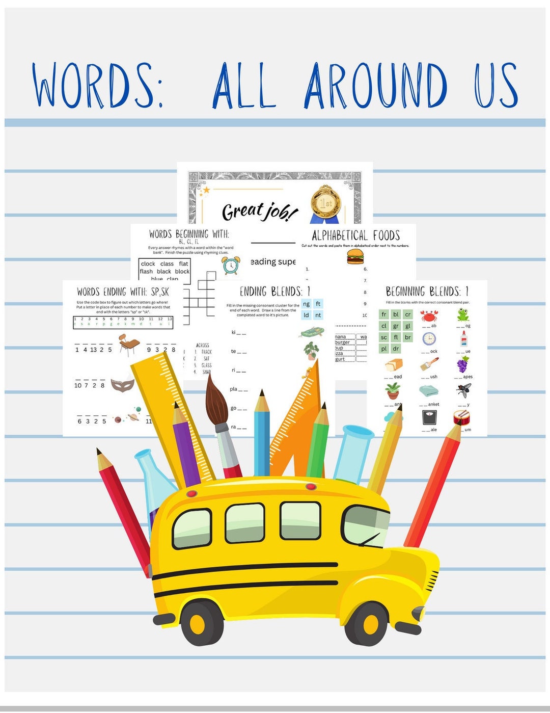 Printable Workbook, First Grade Words, Crossword, Blends, Sounds ...