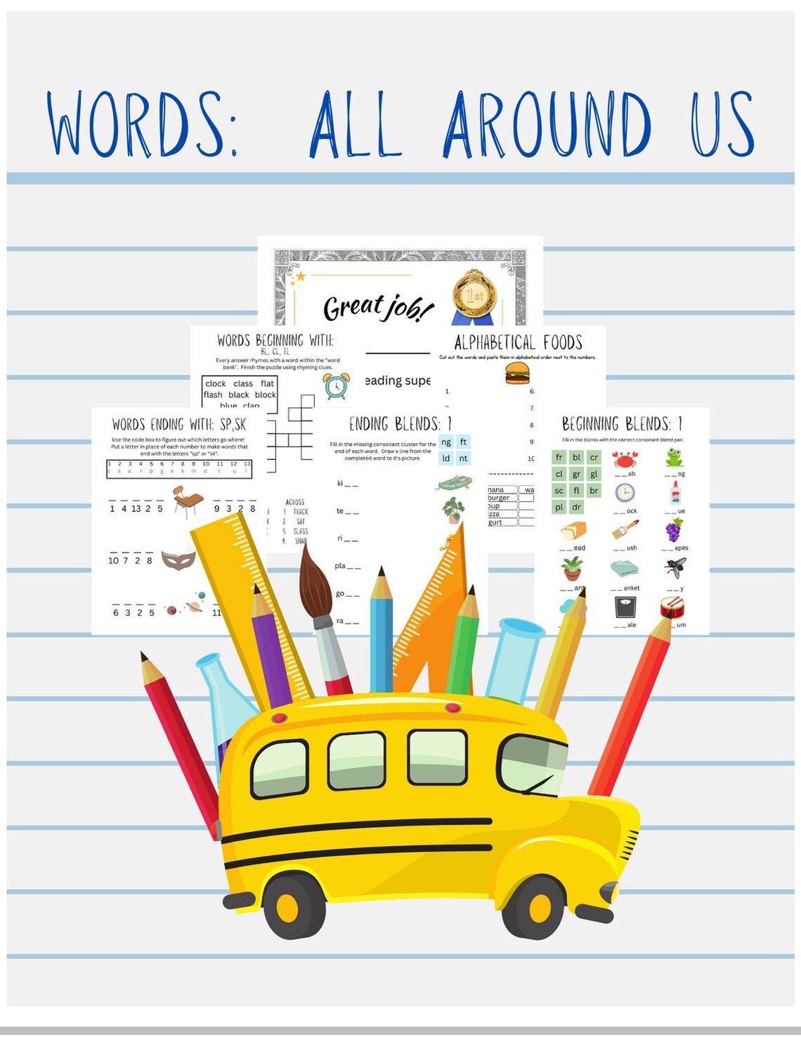 Printable Workbook, First Grade Words, Crossword, Blends, Sounds ...