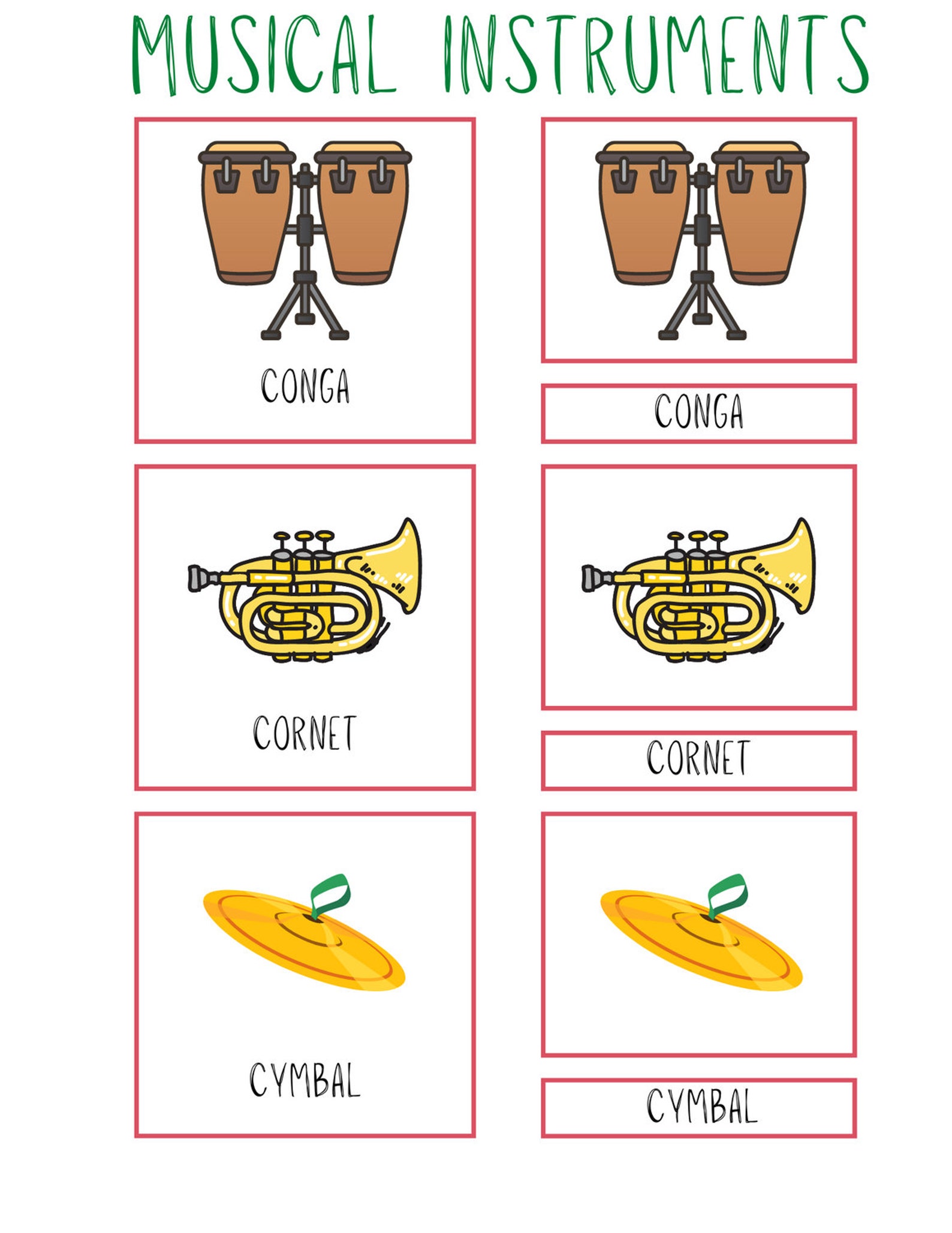 Printable Musical Instruments 3-part Cards, Matching and Reading ...