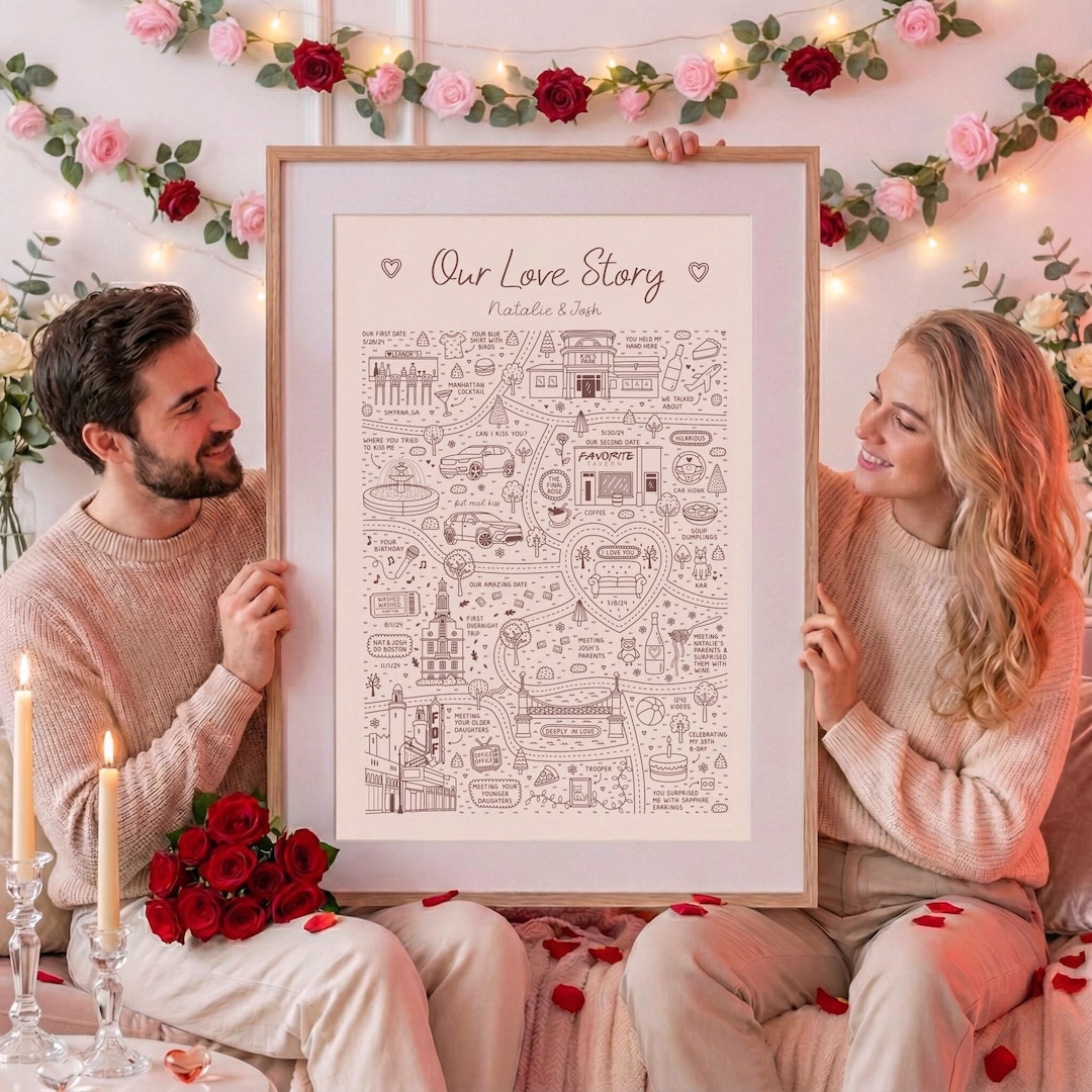 Custom Love Story Map Print – Hand-drawn Relationship Timeline Art ...