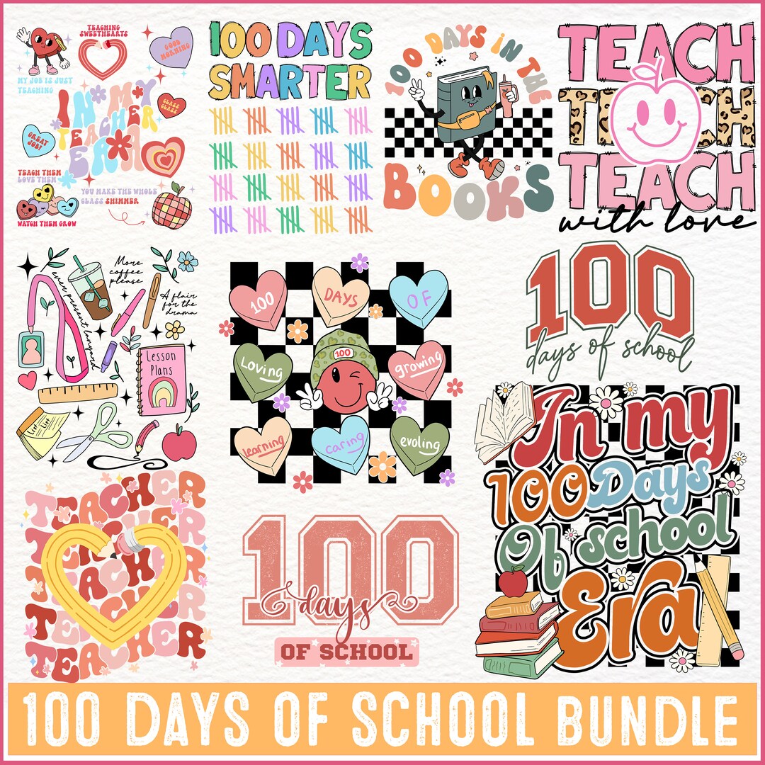 Retro 100 Days of School Png Bundle,100 Days of Books Png,100 Days ...