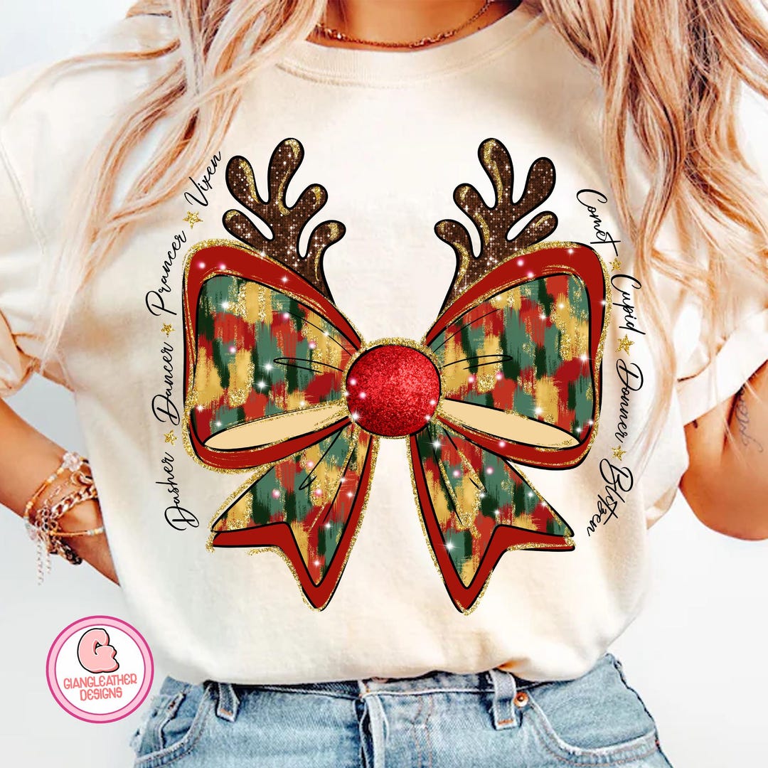 Reindeer Coquette Bow Png, Colorful Brushstroke Christmas Coquette Bow ...