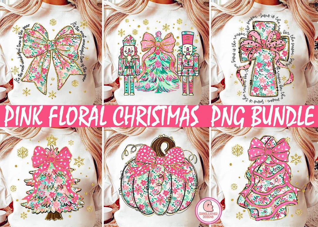 Pink Floral Christmas Coquette Png Bundle, Pink Green Brushstroke Merry ...