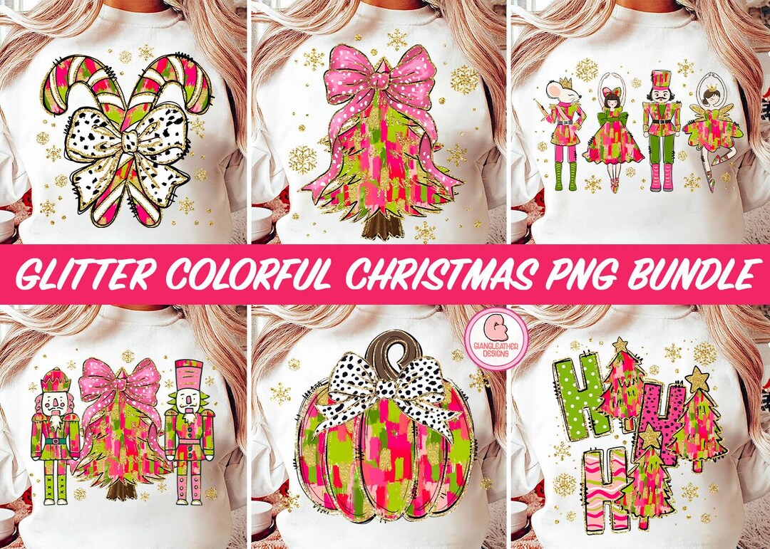Glitter Colorful Pink Christmas Png Bundle, Preppy Christmas Png, Pink ...