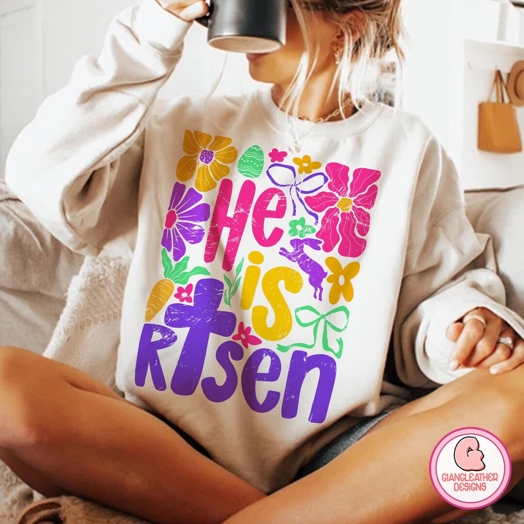 Boho Floral He is Risen Png, Easter Png, Retro Easter Png, Cross Easter ...