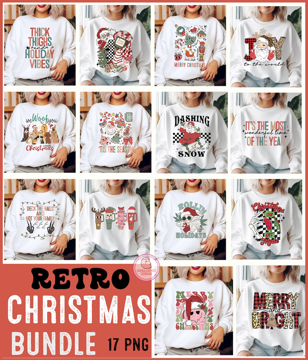 Retro Christmas Png Bundle, Christmas Bundle Png, Santa Christmas ...