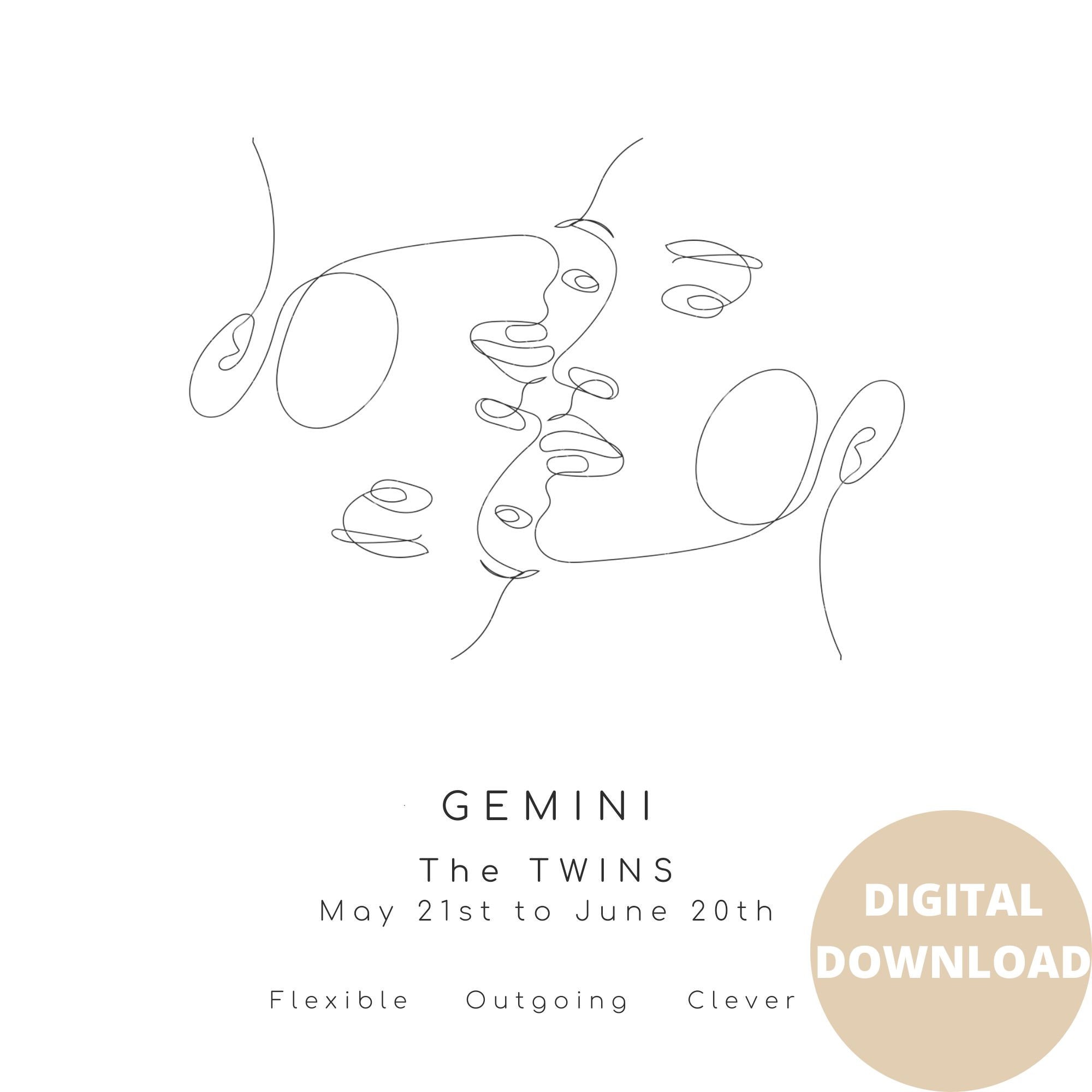 GEMINI Zodiac Digital Download Wall Art Print, Line Art, Minimalistic ...