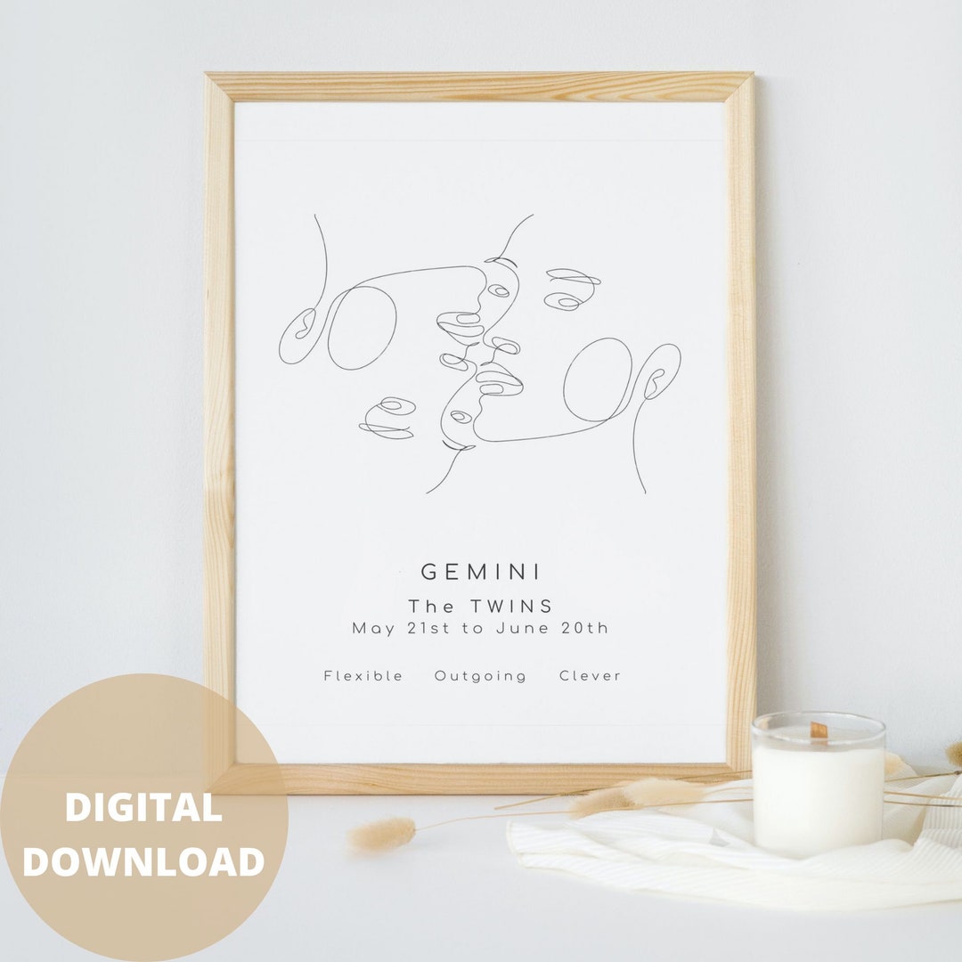 GEMINI Zodiac Digital Download Wall Art Print, Line Art, Minimalistic ...