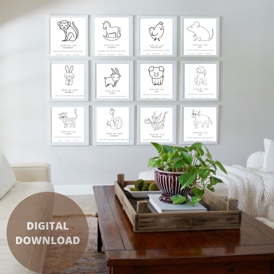 12 Pc Chinese Baby Animal Zodiac Set Print, Horoscope Print, Nursery ...