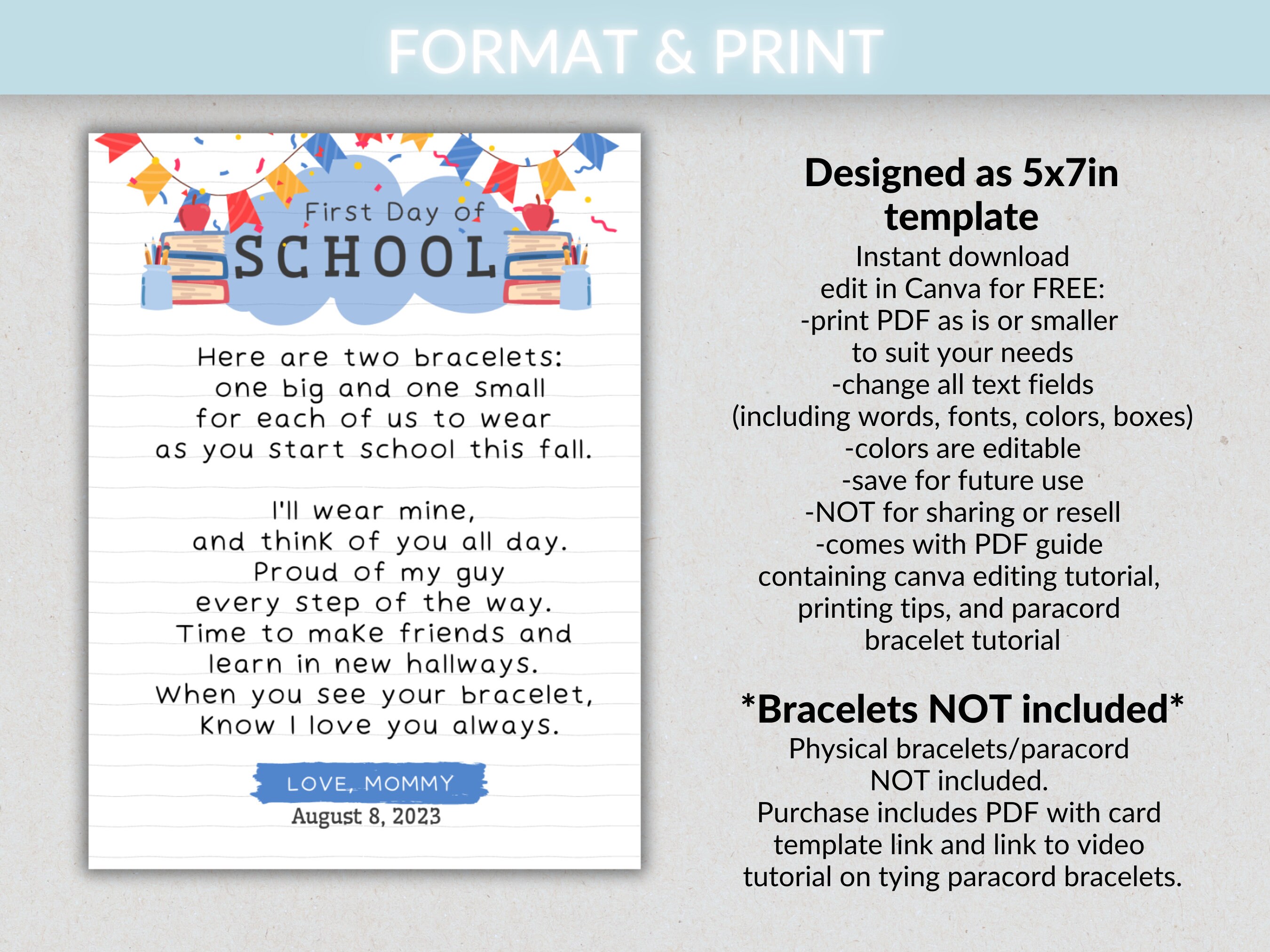 Customizable First Day of School Bracelet Card, First Day of ...