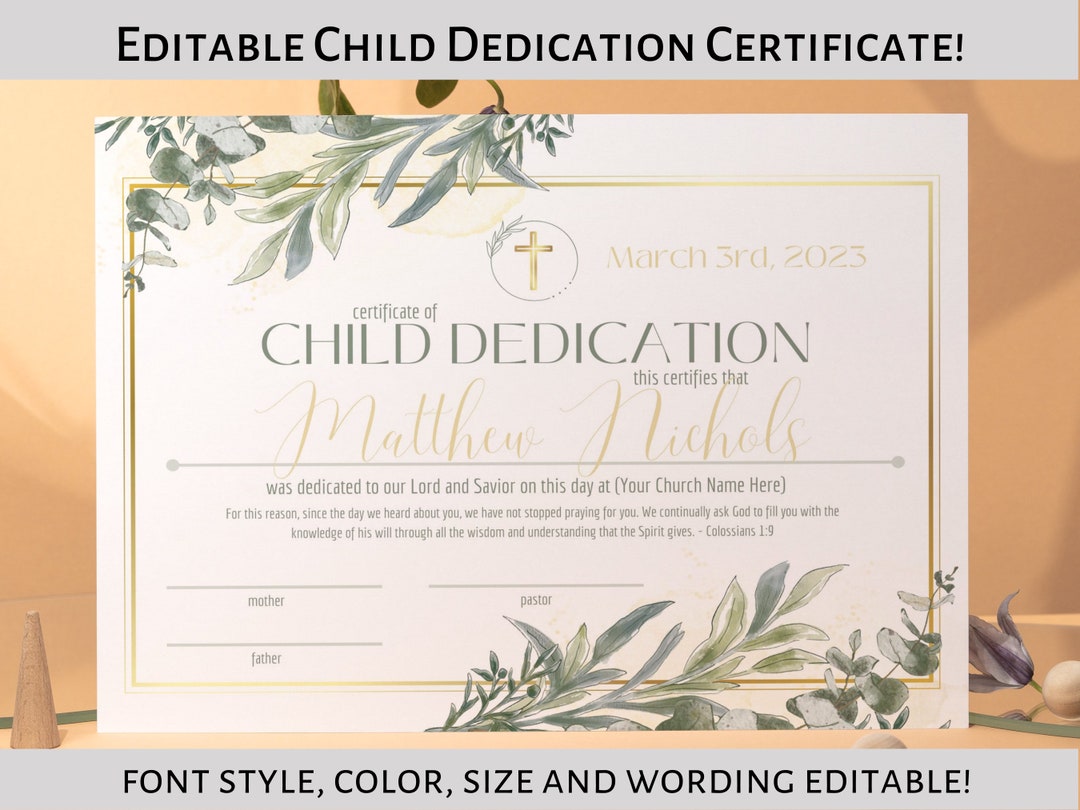 Child Dedication Certificate Template, Editable Certificate for Child ...
