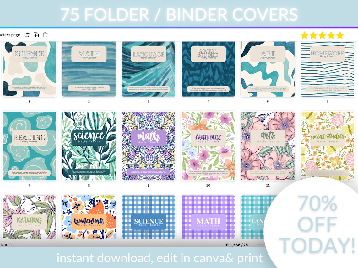 Editable Binder Cover and Spine Set of 75, Personalized Binder Cover ...