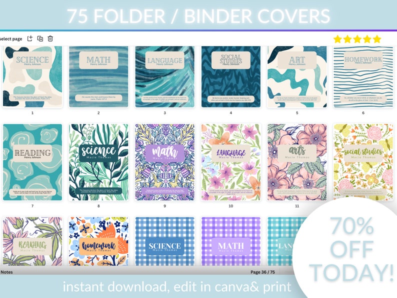 Editable Binder Cover and Spine Set of 75, Personalized Binder Cover ...