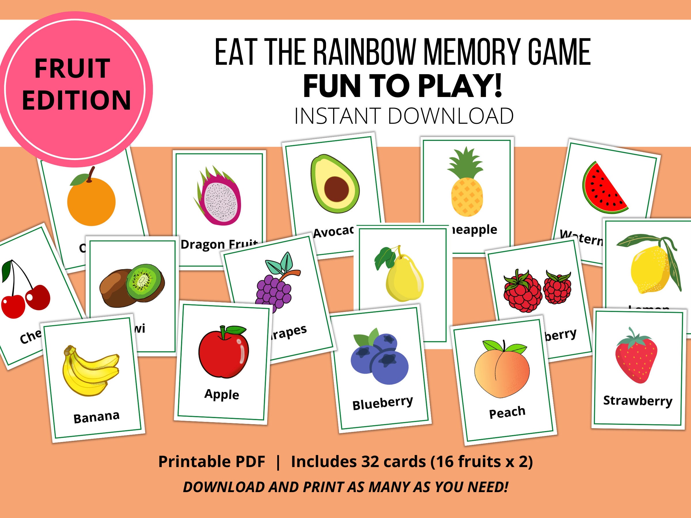 Printable Eat the Rainbow Memory Game Fruit Edition | Matching Game ...
