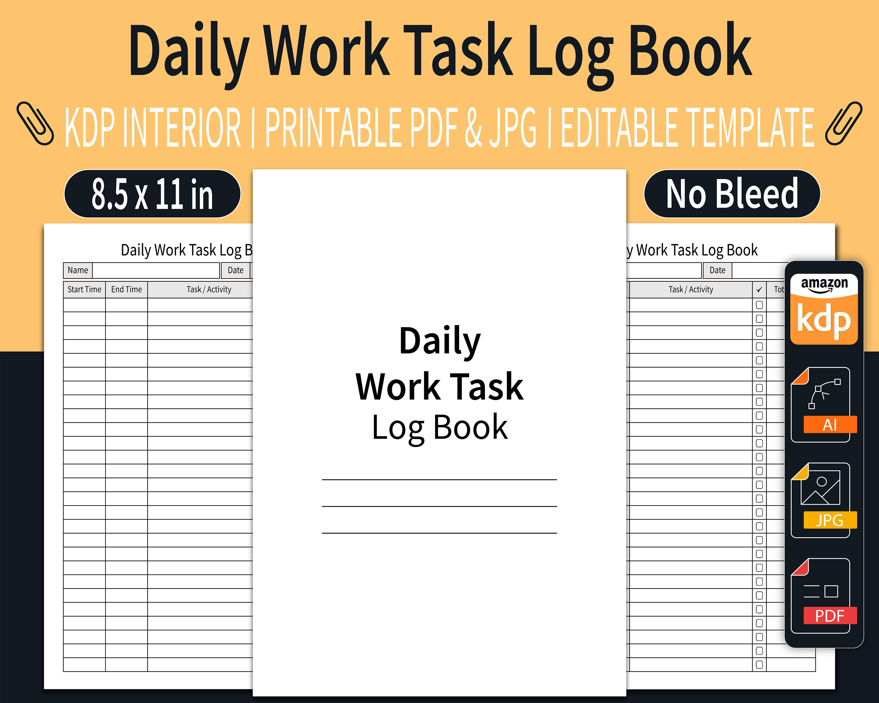 Daily Work Task Log Book KDP Interior | Time Management Tracker for Employees | Editable ...