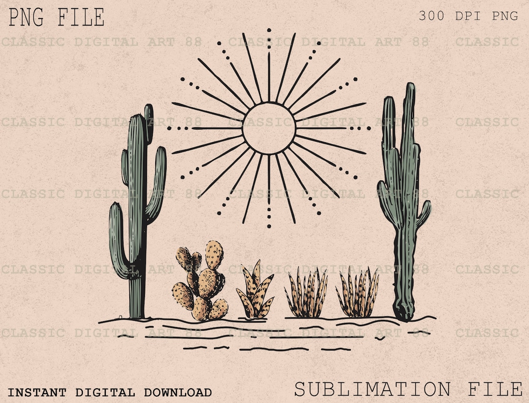 Western Desert Cactus Sun PNG, Western Png, Cactus Desert Drawing ...