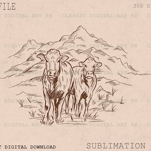 Hand Drawn Western Cattle PNG, Cows Png, Western Mountain, Desert Scene ...