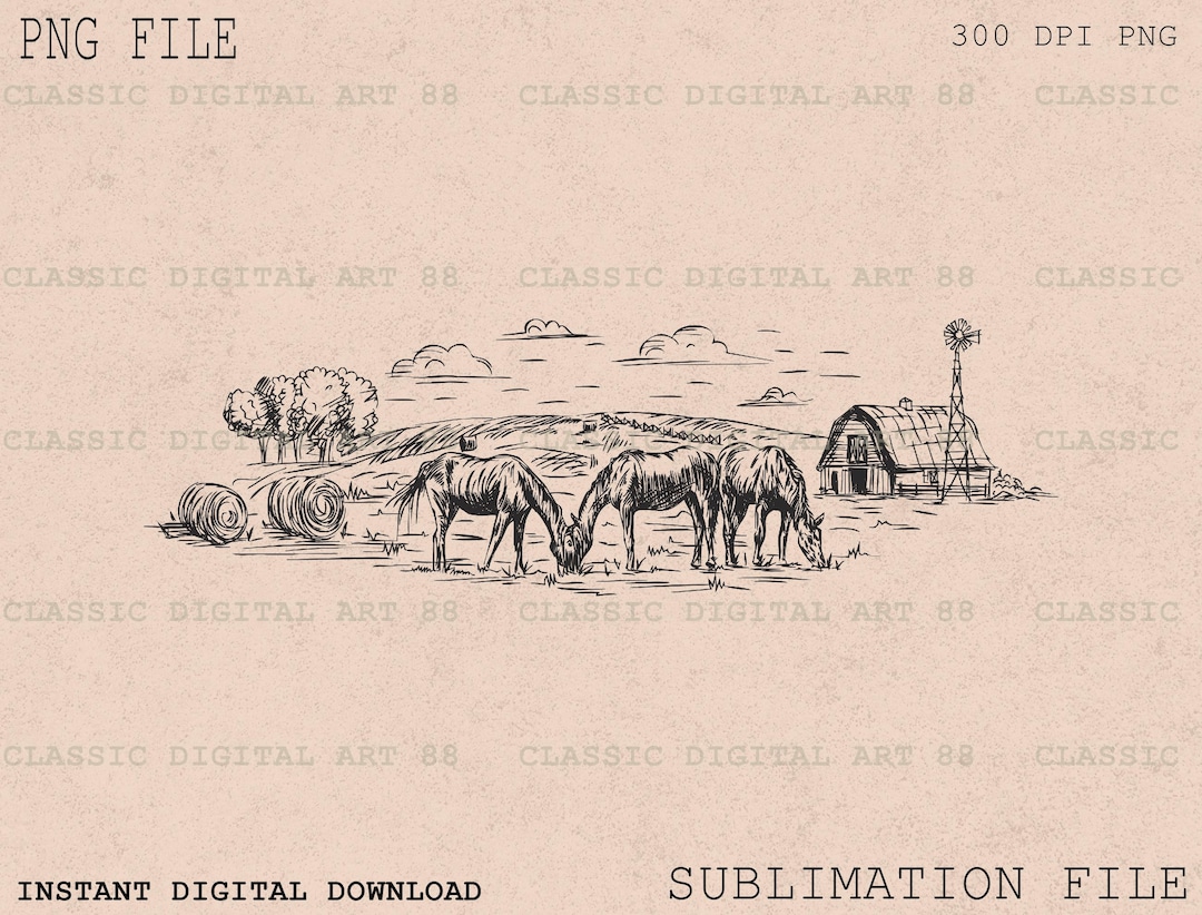 Western Ranch Scene, Horse Farm PNG, Western Transparent Hand Drawn ...