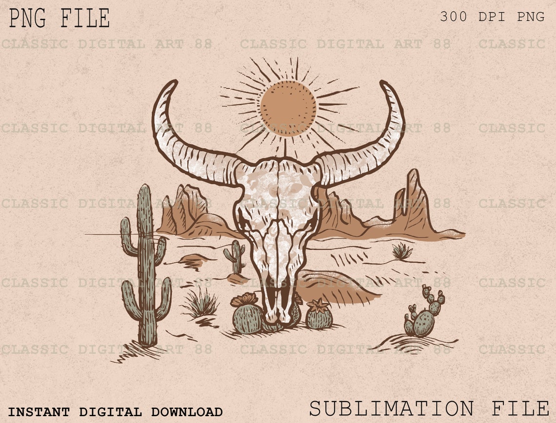 Western Desert Cow Skull Leopard, Cactus Png, Western Png, Cactus ...