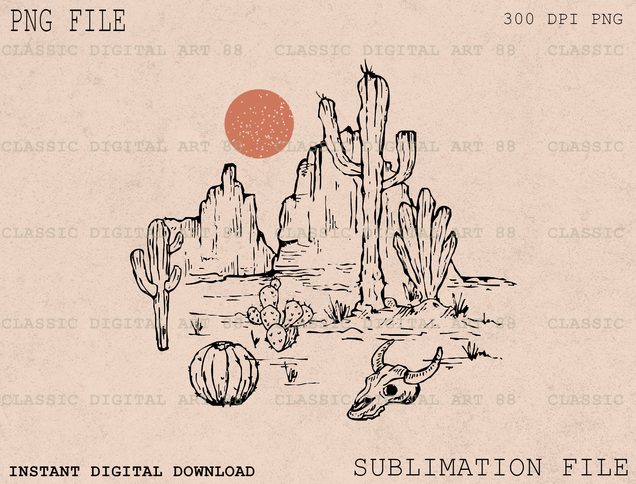 Western Desert Cactus Mountain PNG, Line Art Drawing, Cow Skull, Cactus ...