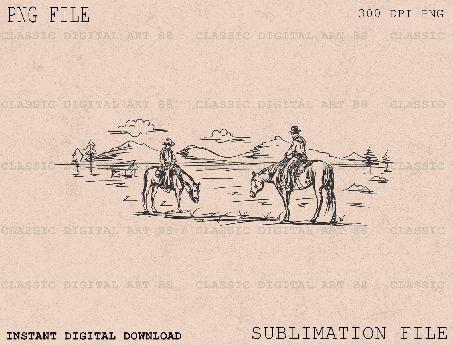 Hand Drawn Western Ranch, Western Cowboy PNG, Ranch Scene Cowboy ...