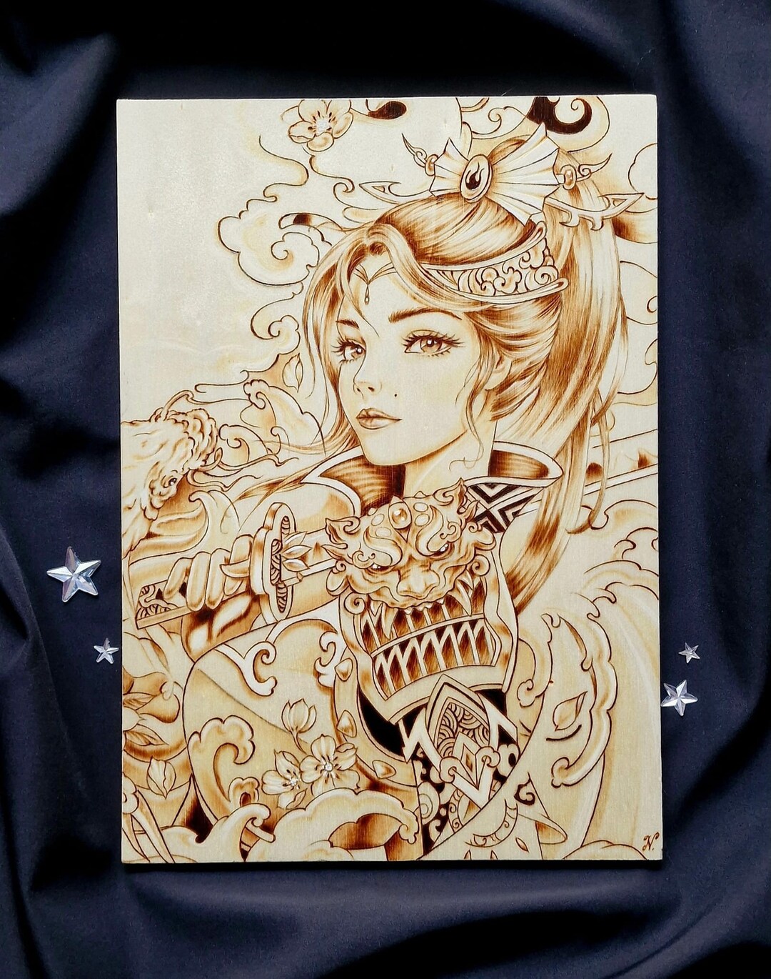 Pyrography Woodburning Handmade Beautiful Female Samurai Tattoo Style ...