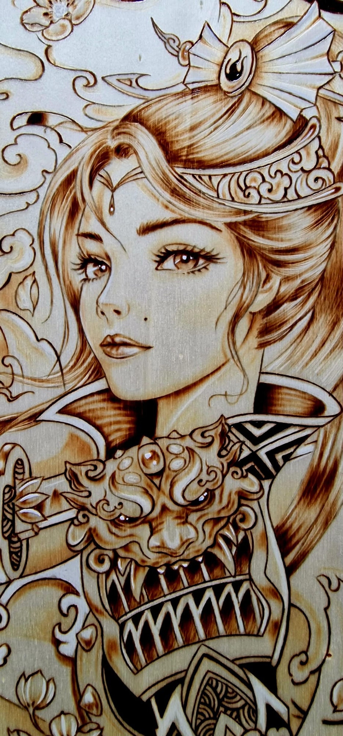 Pyrography Woodburning Handmade Beautiful Female Samurai Tattoo Style ...